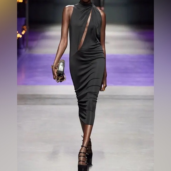 Versace | Dresses | Versace Draped Black Jersey Cutout Front Midi Dress ...
